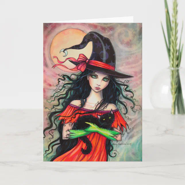 Halloween Witch and Black Cat Fantasy Art Card | Zazzle