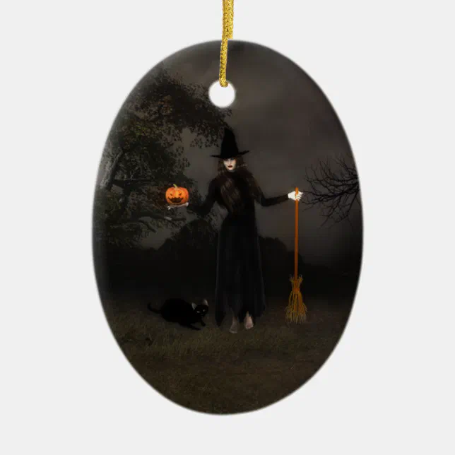 Halloween Witch and Black Cat Ornament | Zazzle