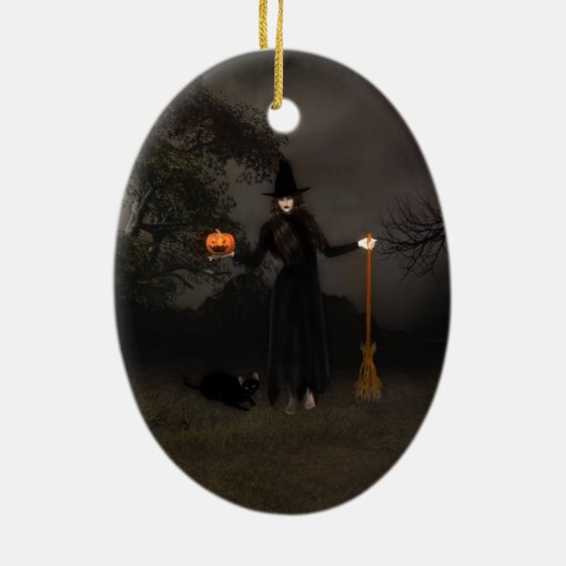 Halloween Witch and Black Cat Ornament | Zazzle