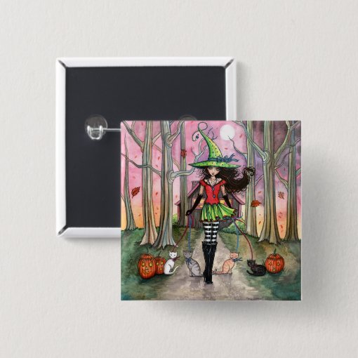 Halloween Witch and Cat Pinback Button | Zazzle