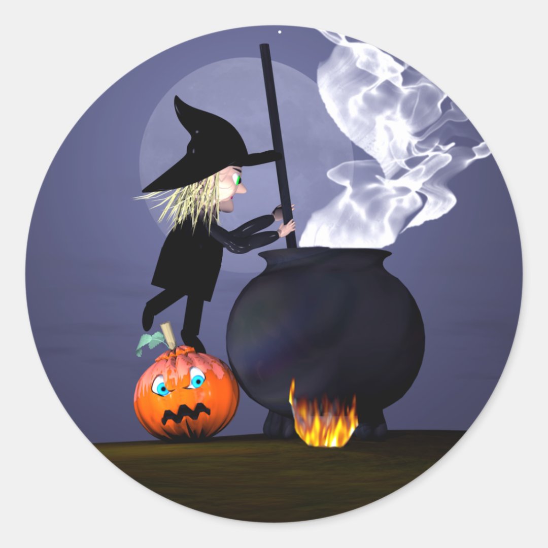 Halloween Witch and Cauldron Classic Round Sticker | Zazzle
