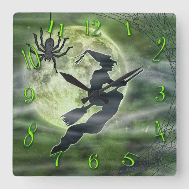 Halloween Witch and Spider Square Green Square Wall Clock | Zazzle