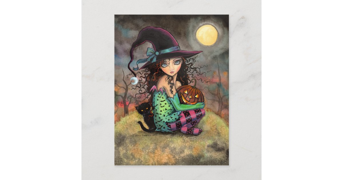 Halloween Witch Black Cat and Jack-O-Lantern Postcard | Zazzle
