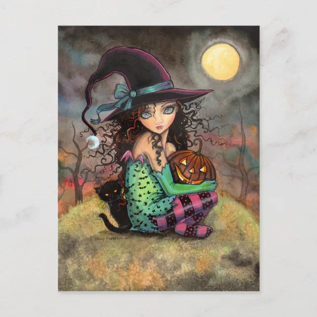 Halloween Witch Black Cat and Jack-O-Lantern Postcard | Zazzle