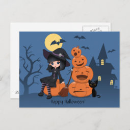 Halloween Witch, Black Cat, and Pumpkins Postcard | Zazzle