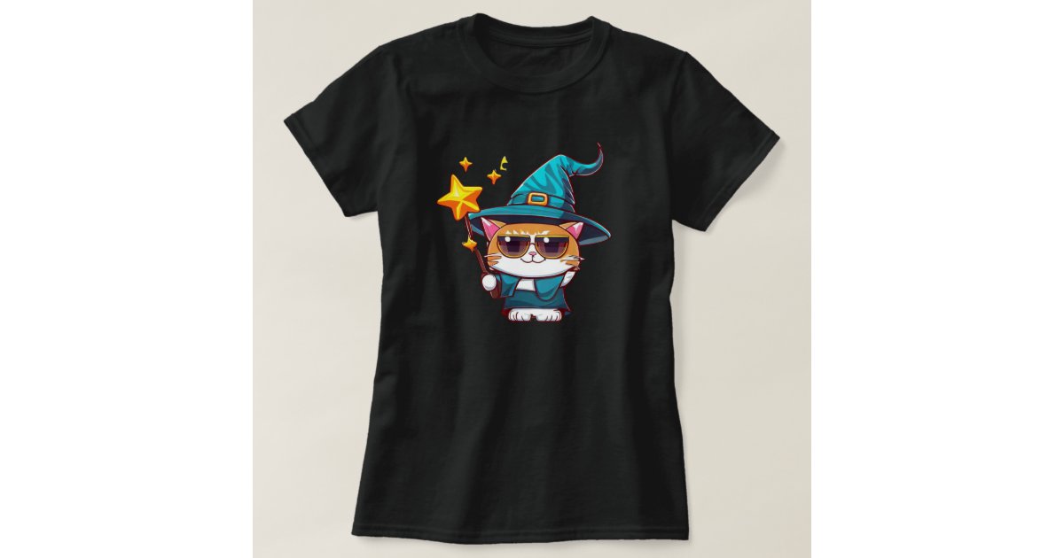 Halloween Witch Cats Holding Magic Wand Stars T-Shirt | Zazzle