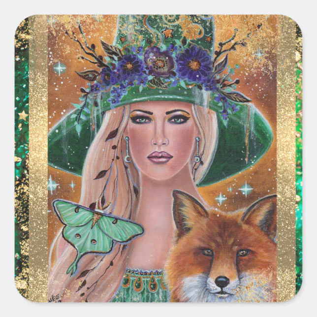 Halloween witch fox art by Renee Lavoie Square Sticker | Zazzle