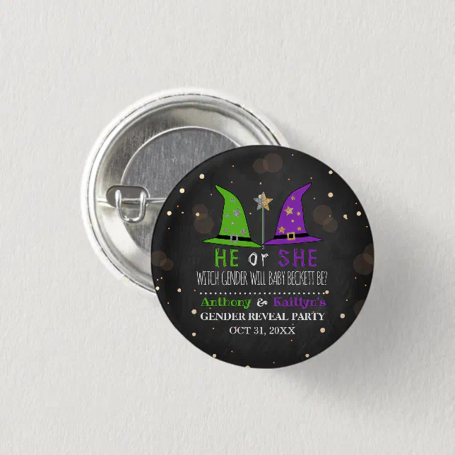 Halloween Witch Gender Reveal Party Button | Zazzle