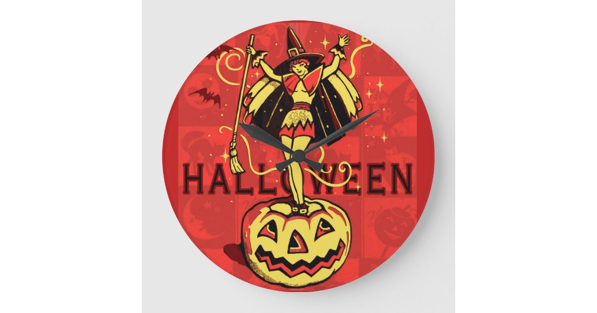Halloween Witch Girl (vintage) Large Clock | Zazzle