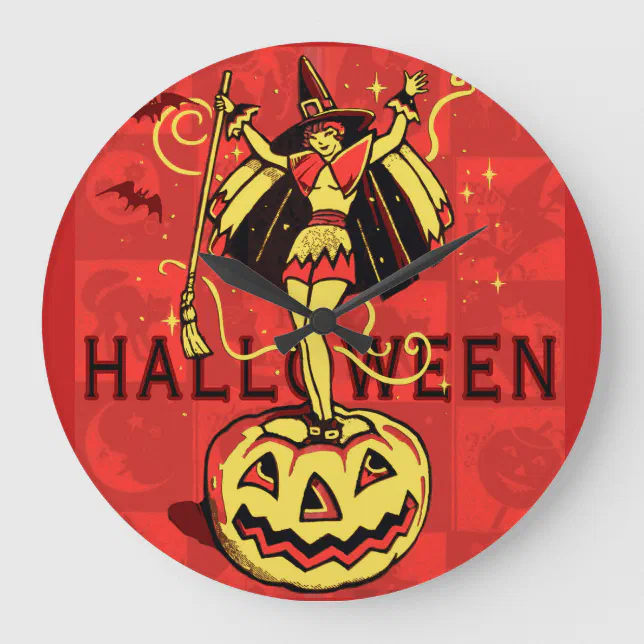 Halloween Witch Girl (vintage) Large Clock | Zazzle