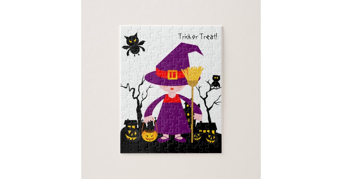Halloween witch kid goes trick or treating jigsaw puzzle | Zazzle