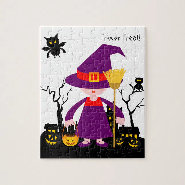 Halloween witch kid goes trick or treating jigsaw puzzle | Zazzle