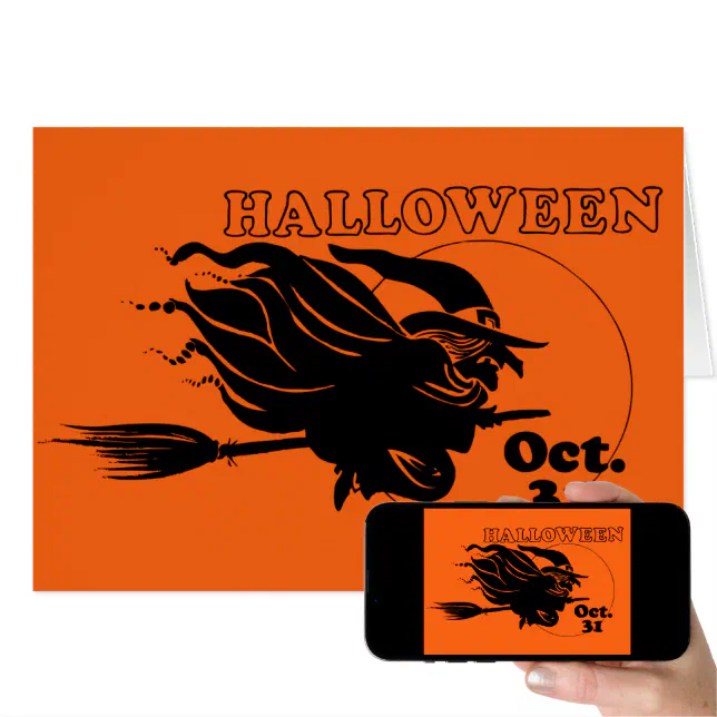 Halloween Witch on Broomstick Fun Greeting Card | Zazzle
