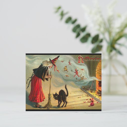 Halloween Witch Postcard, Black Cat, Broom, Magic Postcard | Zazzle