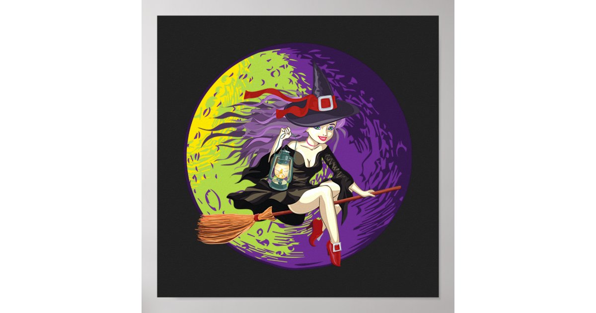 Halloween Witch Riding Broom Poster | Zazzle