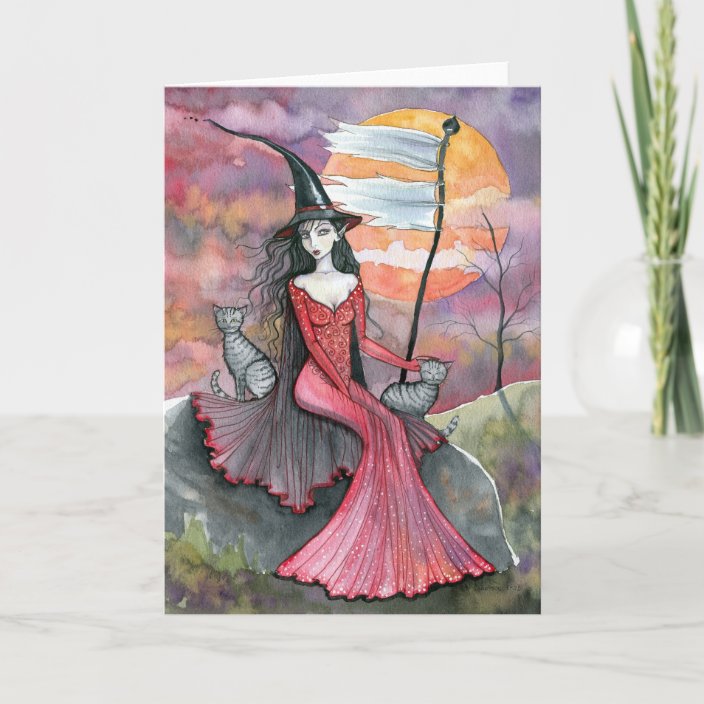 Halloween Witch Tabby Cat Art Card | Zazzle.com
