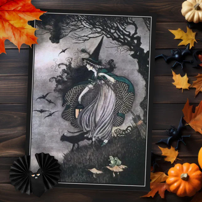 Halloween Witch with Black Cat and Bats Card | Zazzle