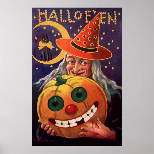 Halloween Witch with Funny Pumpkin Poster | Zazzle