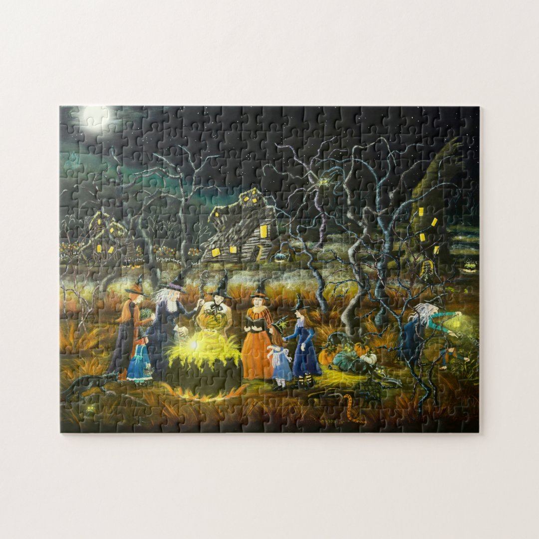 Halloween witches around a cauldron jigsaw puzzle | Zazzle