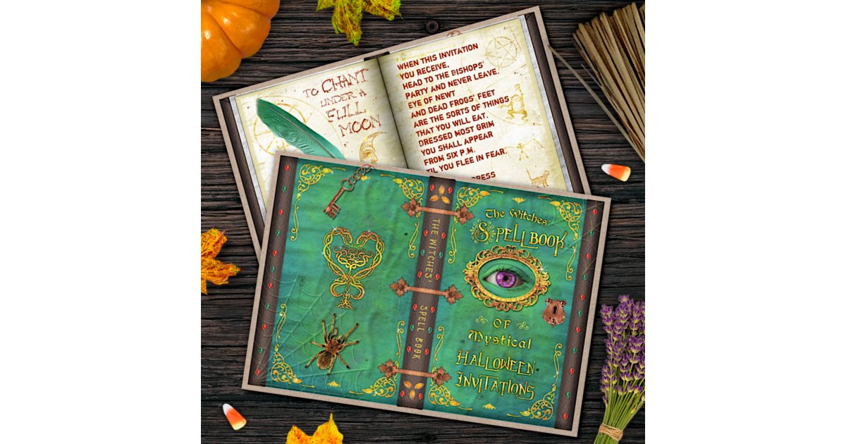 Halloween Witches Magic Spell Book Eyeball Party Invitation | Zazzle