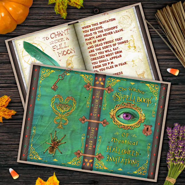 Halloween Witches Magic Spell Book Eyeball Party Invitation | Zazzle
