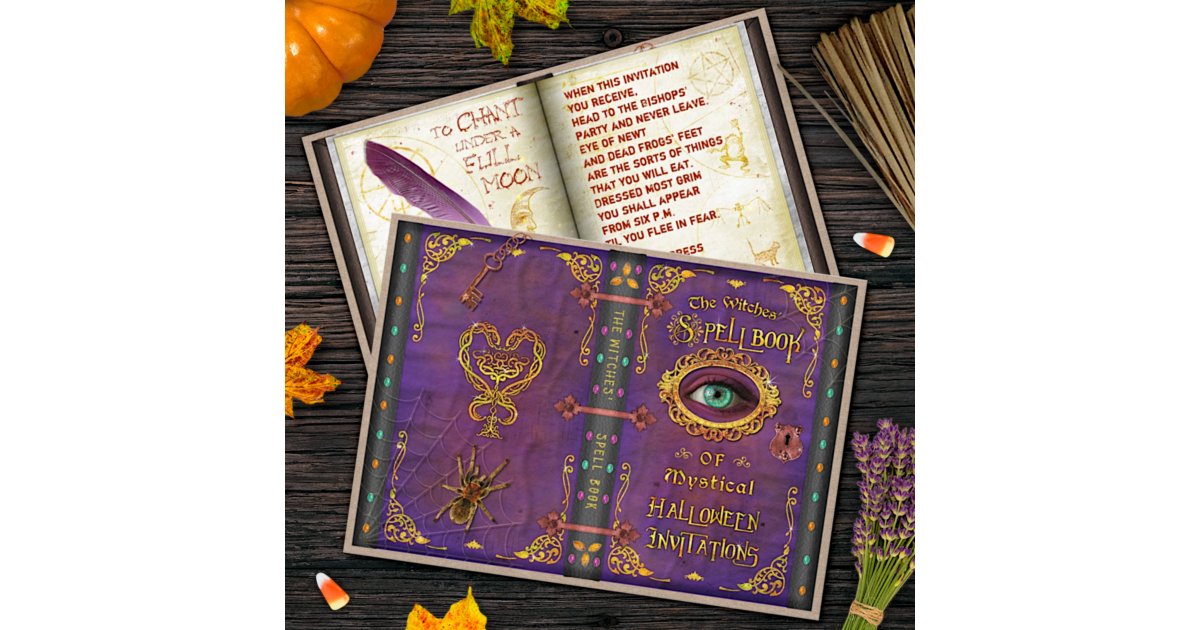 Halloween Witches Magic Spell Book Eyeball Spider Invitation | Zazzle