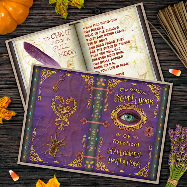 Halloween Witches Magic Spell Book Eyeball Spider Invitation | Zazzle