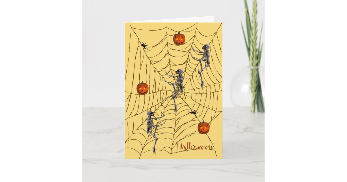 Halloween with Skeletons, Pumpkins, Spiders & Web Card | Zazzle