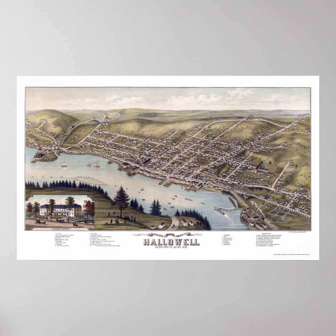 Hallowell, ME Panoramic Map - 1878 Poster | Zazzle