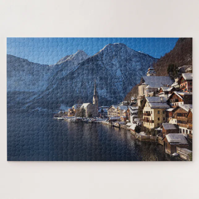 Hallstatt town in the snow in winter jigsaw puzzle | Zazzle
