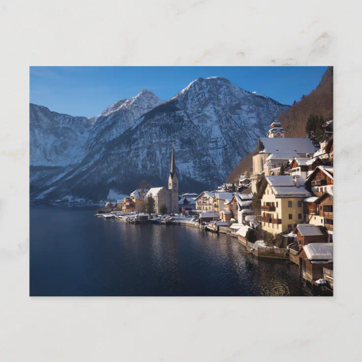 Hallstatt town in the snow in winter postcard | Zazzle