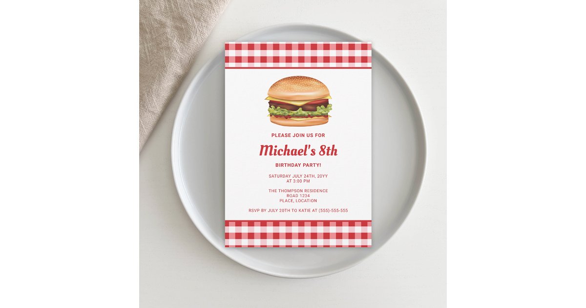 Hamburger Fast Food Illustration Birthday Party Invitation | Zazzle