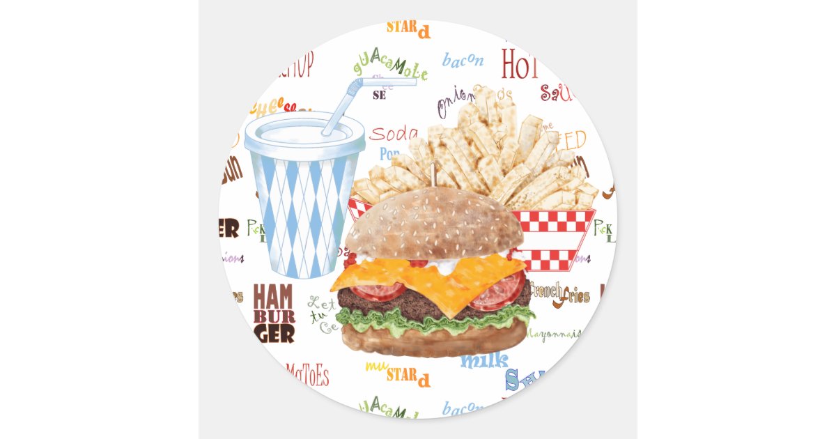 Hamburger Fries Fast Food BBQ Diner Classic Round Sticker | Zazzle