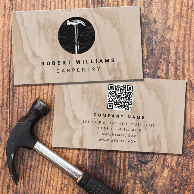 Hammer Wooden Carpenter Construction QR Code Business Card | Zazzle