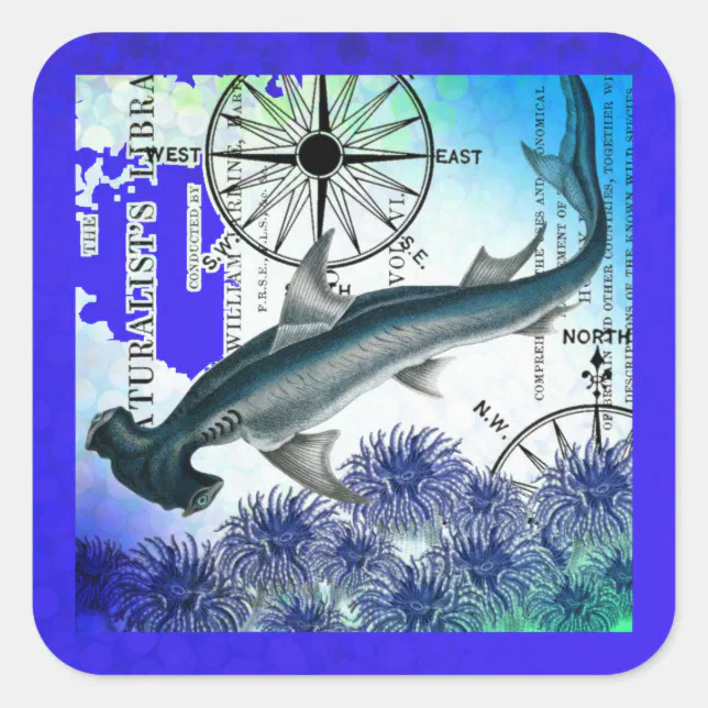 Hammerhead Shark Nautical Collage Underwater Blue Square Sticker | Zazzle