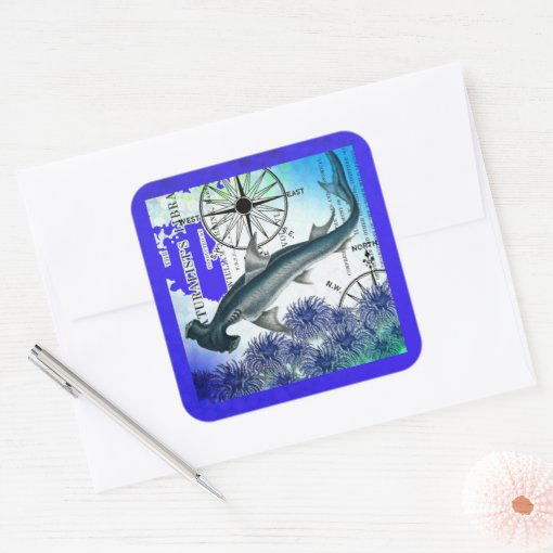 Hammerhead Shark Nautical Collage Underwater Blue Square Sticker | Zazzle
