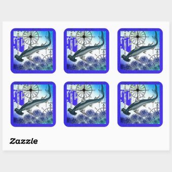 Hammerhead Shark Nautical Collage Underwater Blue Square Sticker | Zazzle