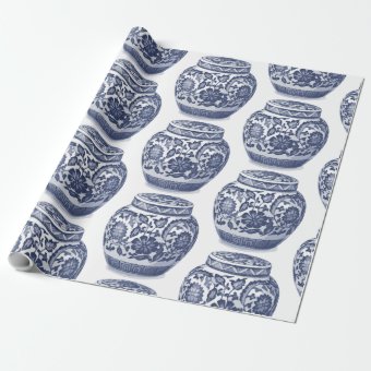 Hamptons Navy Blue White New England Ginger Jar Wrapping Paper | Zazzle