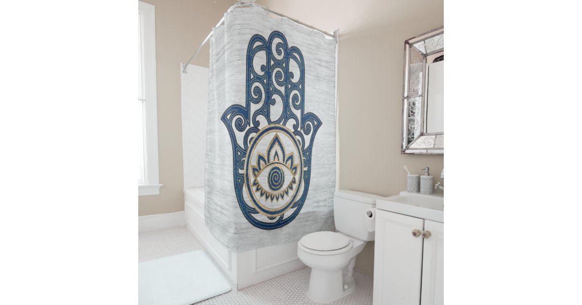 Hamsa Hand - Hand of Fatima blue wood Shower Curtain | Zazzle