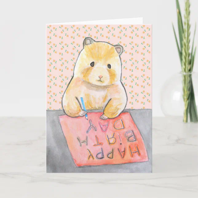 Hamster Writing Happy Birthday Cute Hamster Card | Zazzle
