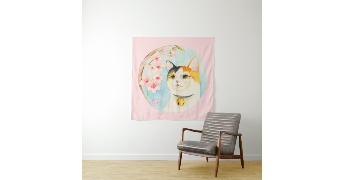Hanami | Calico Cat and Cherry Blossom Watercolor Tapestry | Zazzle