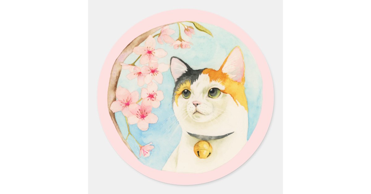 Hanami | Cute Calico Cat and Flowers Watercolor Classic Round Sticker ...