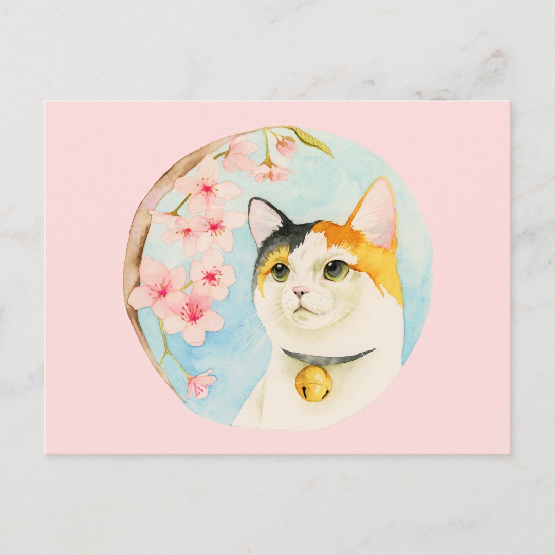 Hanami | Japanese Cartoon Cat Illustration Postcard | Zazzle