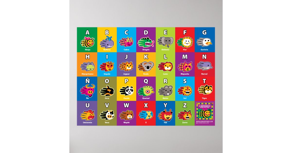 Hand Critter Spanish ABC Alphabet for Kids Poster | Zazzle