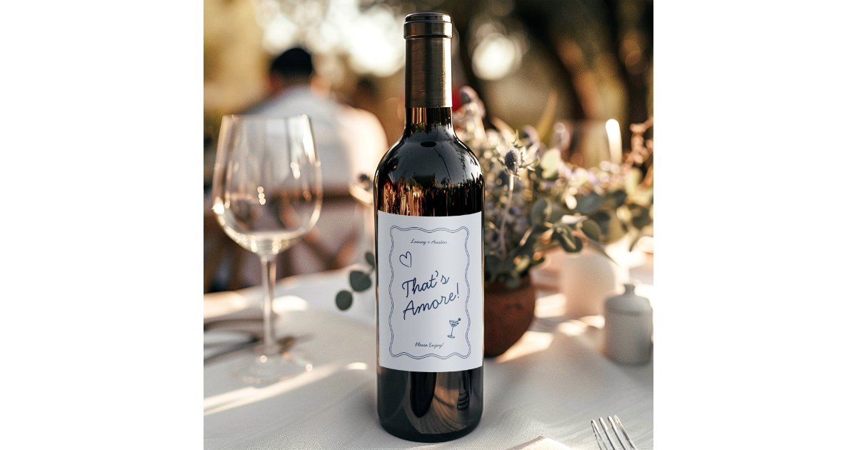 Hand Draw Vintage Blue That's Amore Wedding Wine Label | Zazzle