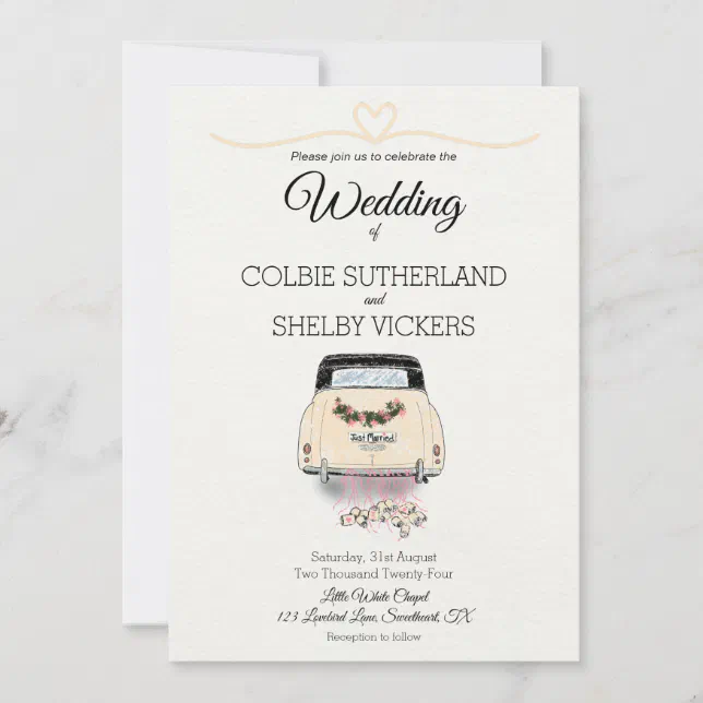 Hand Draw Vintage Car Wedding Invitation | Zazzle