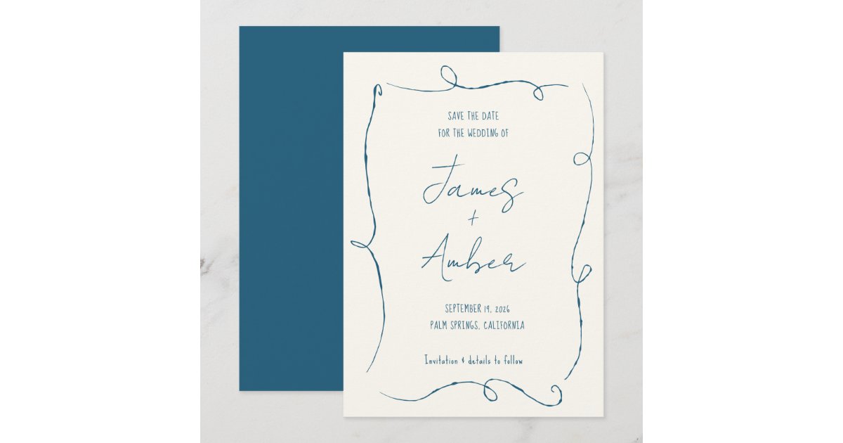 Hand drawing squiggly lines teal blue wedding save the date | Zazzle