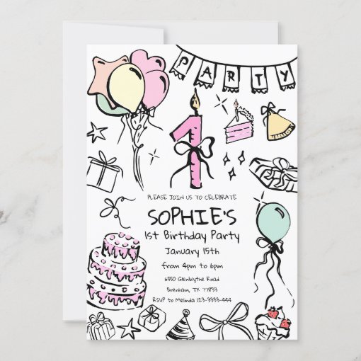Hand Drawn 1st Birthday Invite, Doodle Birthday In Invitation | Zazzle