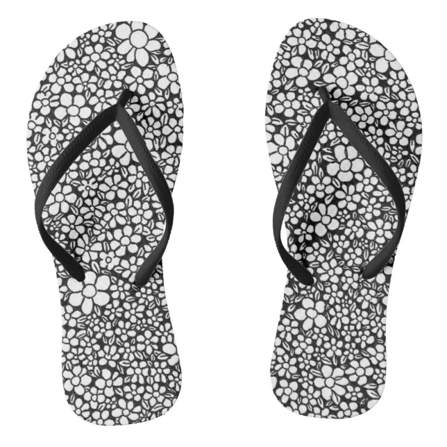 Hand Drawn Black and White Flower Pattern Flip Flops | Zazzle