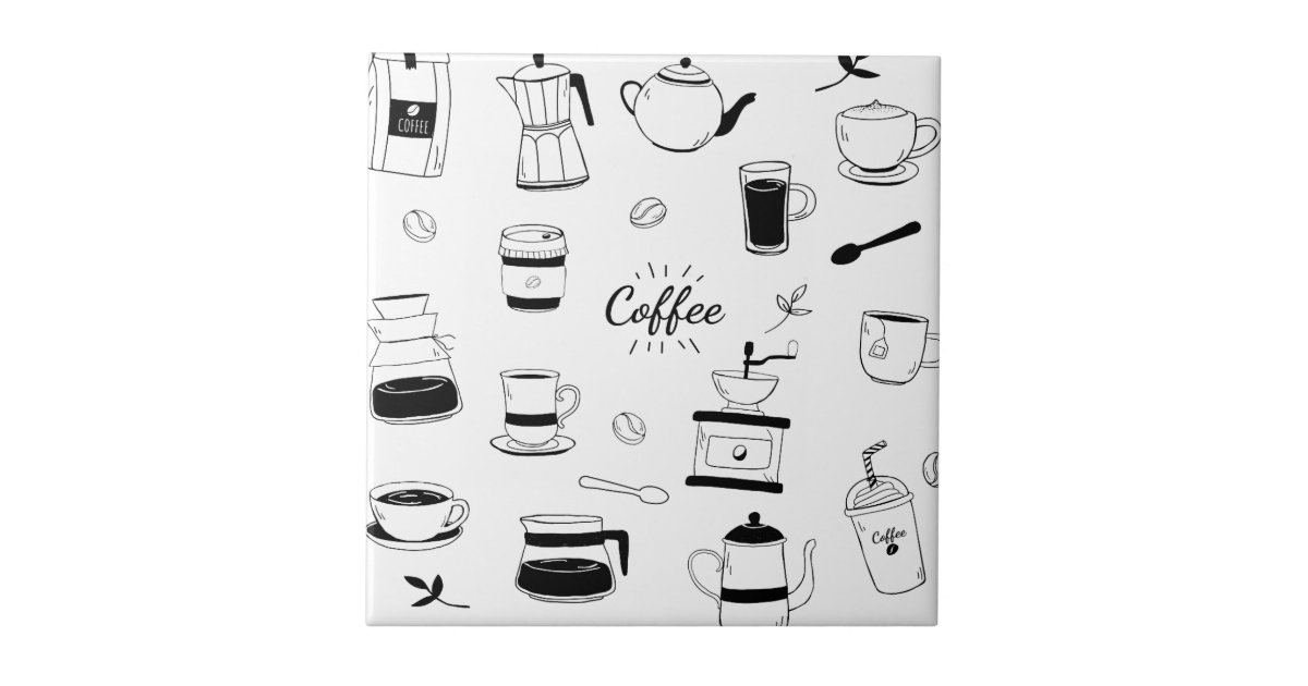 Hand Drawn Black Coffee and Cafe Pattern Ceramic Tile | Zazzle